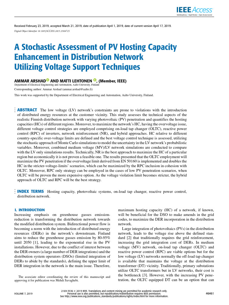 A Stochastic Assessment of PV Hosting Capacity Enhancement in ...