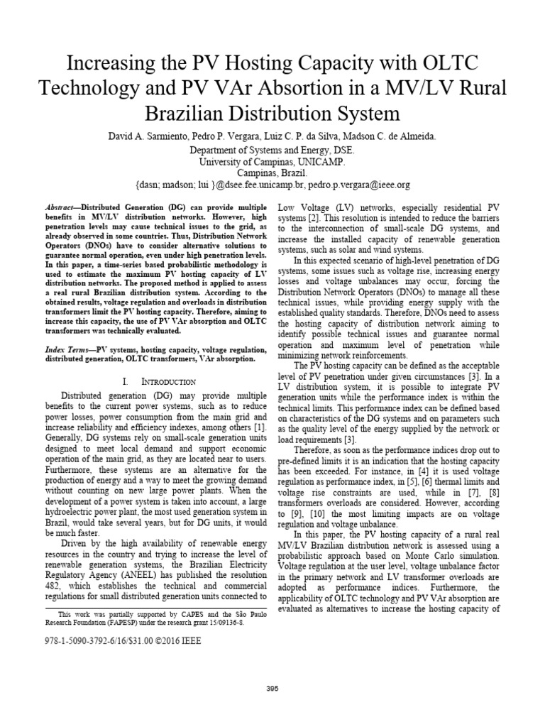 Increasing The PV Hosting Capacity With OLTC Technology and PV VAr Absorption in A MV LV Rural ...