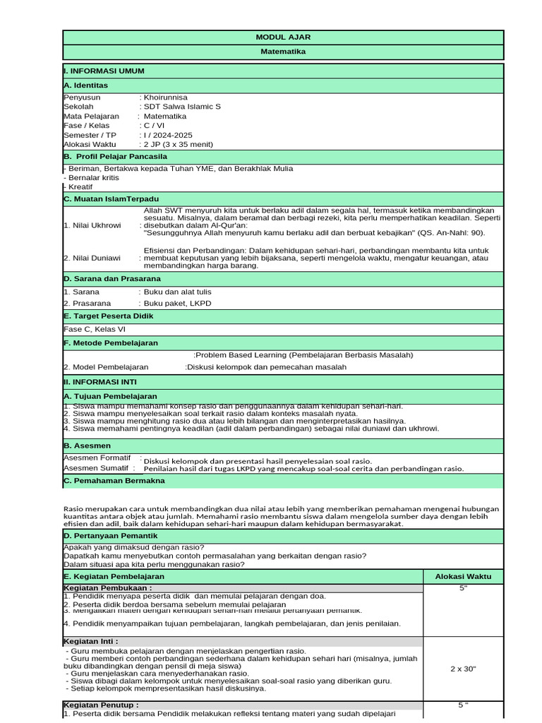 Modul Ajar mtk 6 pengertian rasio | PDF