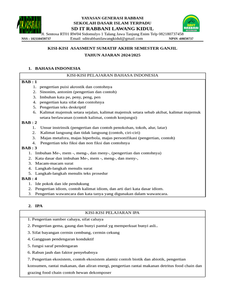 KISI-KISI ASAS kls 5 thn 2024.2025 | PDF