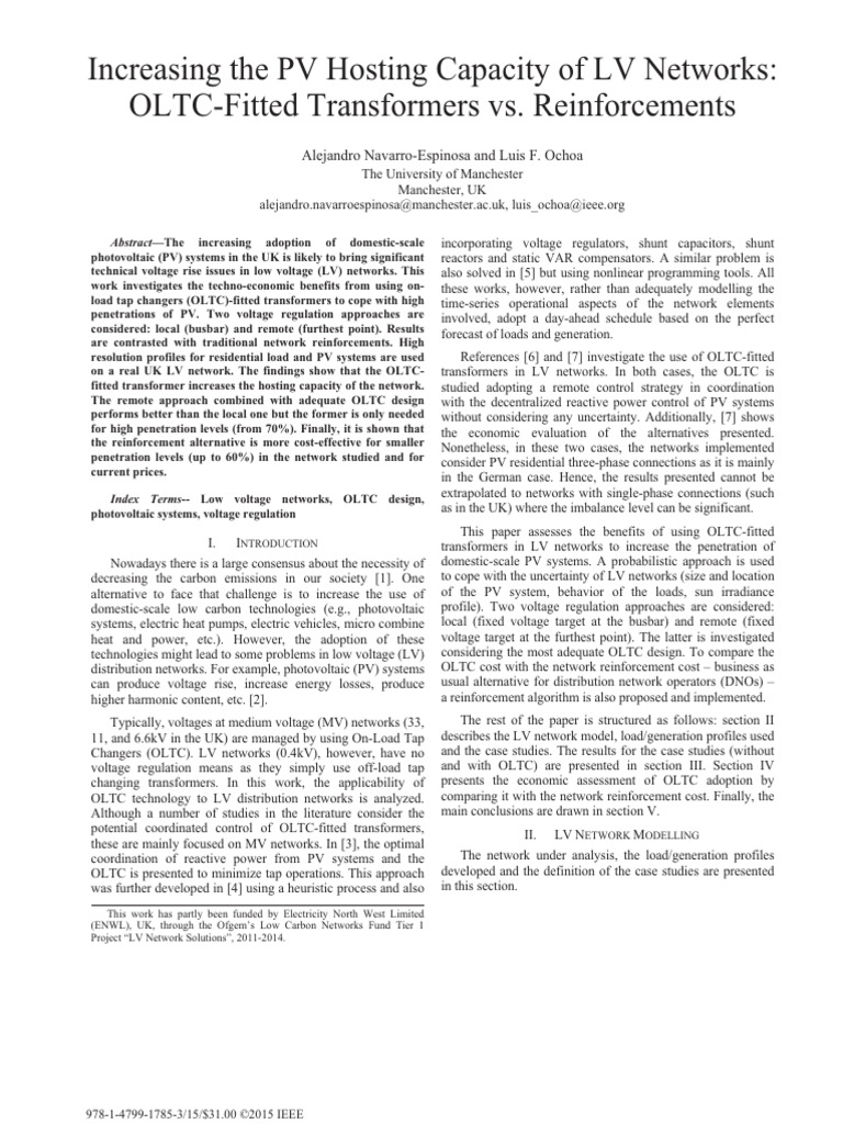 Increasing The PV Hosting Capacity of LV Networks OLTC-fitted Transformers vs. Reinforcements ...