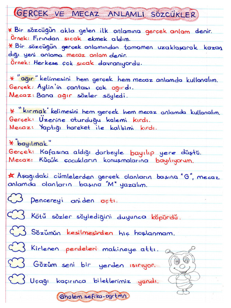 3.sinif Turkce Gercek Ve Mecaz Anlamli Kelimeler | PDF