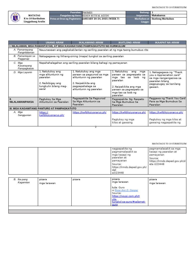 DLL Matatag Makabansa 1 q3 w7 | PDF