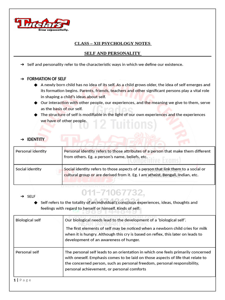 Class 12 Psychology: Self and Personality | PDF | Id | Unconscious Mind
