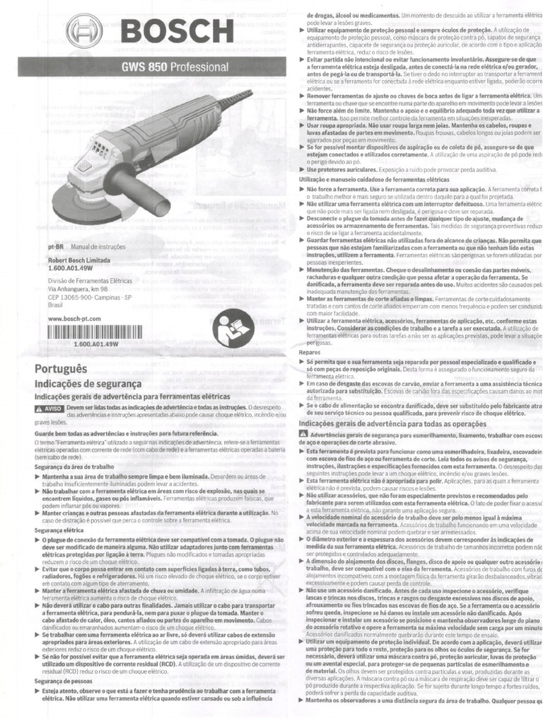 Manual-Garantia Esmerilhadeira Bosch Gws850 | PDF