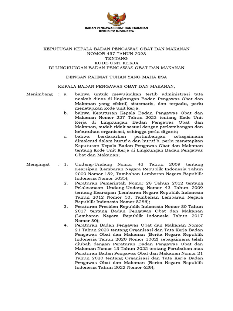SK Tentang Kode Unit Kerja Di Lingkungan BPOM (457 Tahun 2023) | PDF