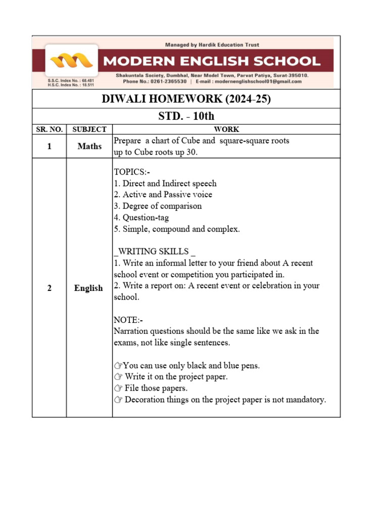 DIWALI HOMEWORK (2024-25) STD. - 10th: 1 Maths | PDF