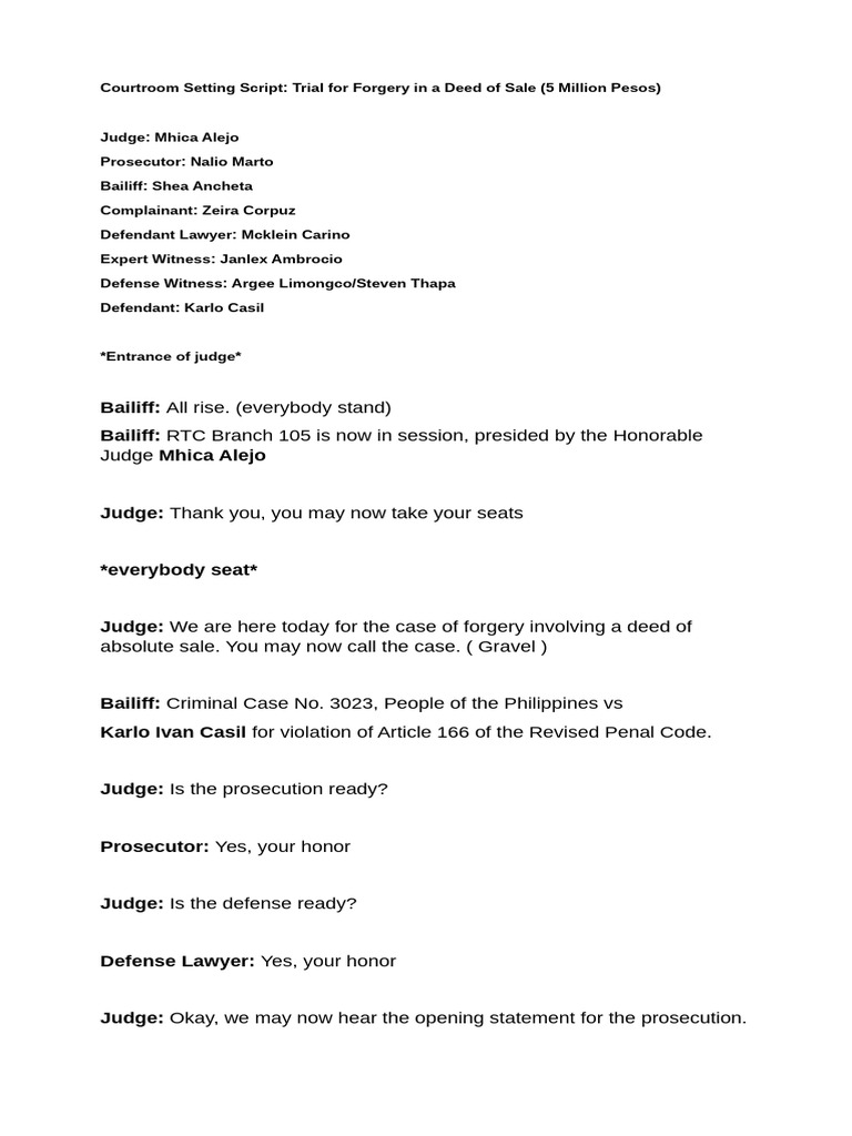 Courtroom Setting Script 1 | PDF | Prosecutor | Witness
