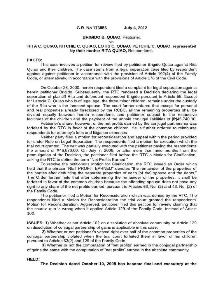 Legal Separation Case Review: Quiao v. Quiao | PDF | Marriage | Partnership