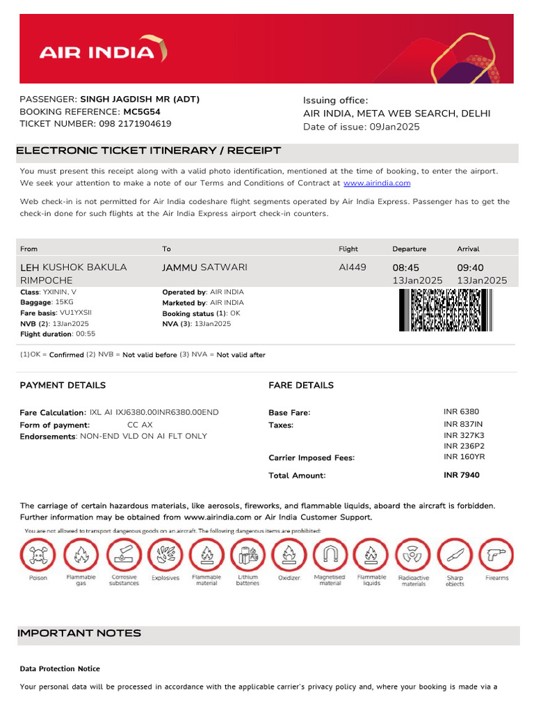 Air India Web Booking Eticket (MC5G54) - JAGDISH | PDF