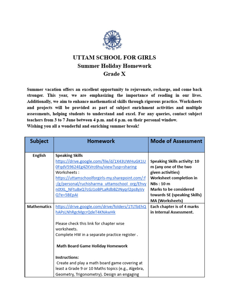 Holiday Homework | PDF