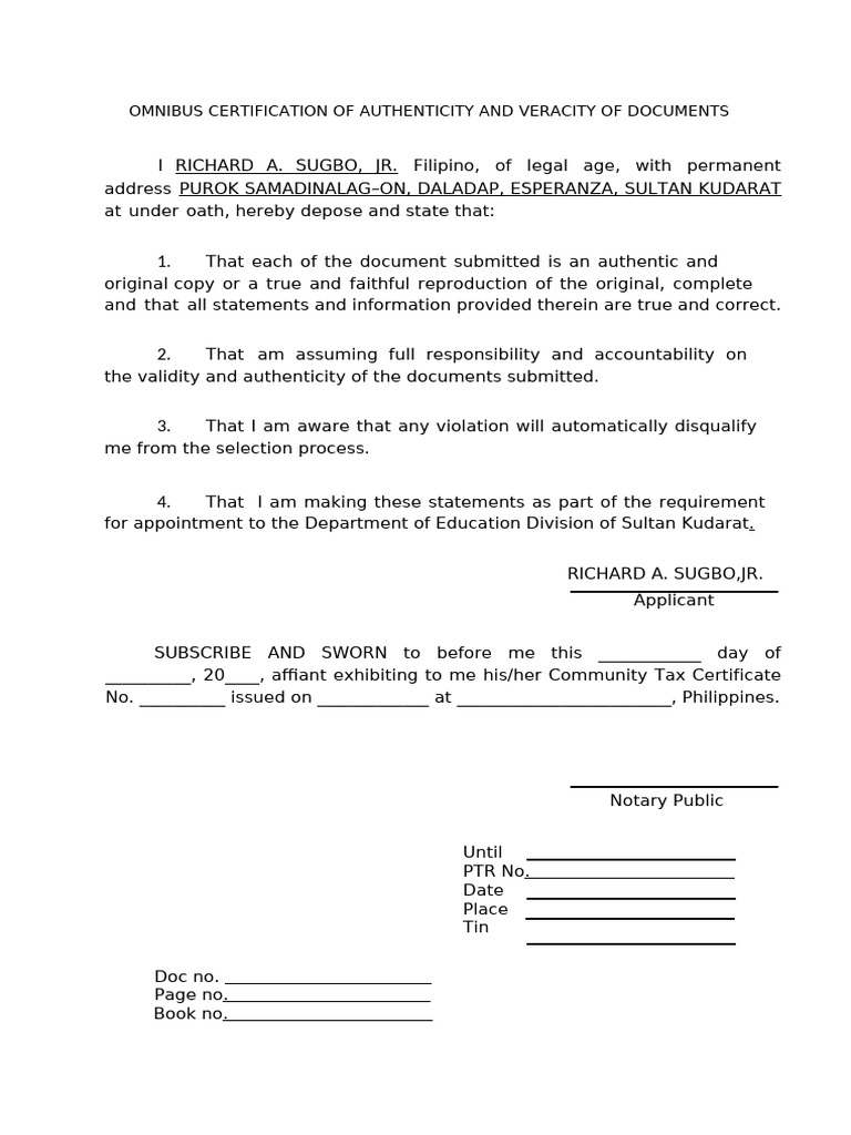 Omnibus Certification of Authenticity and Veracity of Documents 1 | PDF
