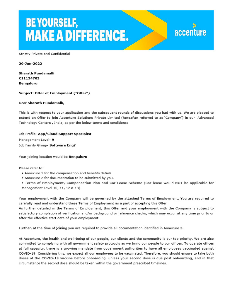 Accenture C11134703_Signed_OfferLetter | PDF | Insurance | Employment