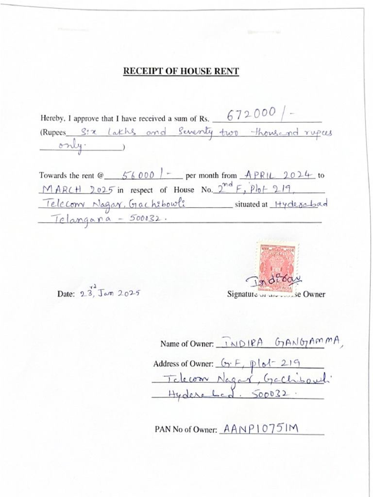 Receipt of House Rent | PDF