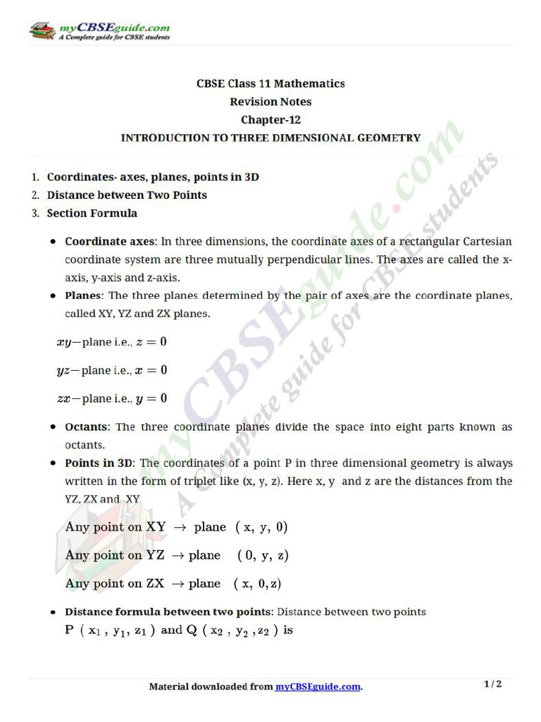 11 Maths Notes 12 Introduction To Three Dimensional Coordinate Geometry ...