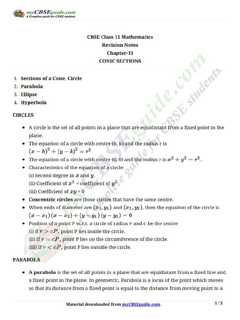 11 Maths Notes 11 Conic Sections | PDF