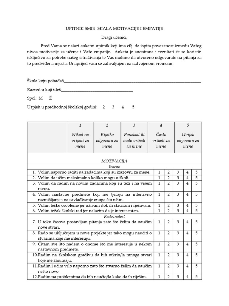 Upitnik Motivacija I Empatija | PDF