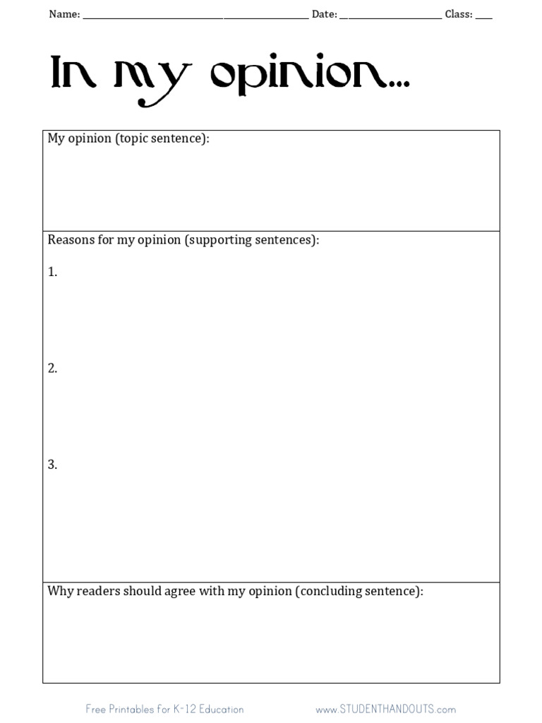 In My Opinion Persuasive Writing Paragraph Worksheet Organizer | PDF
