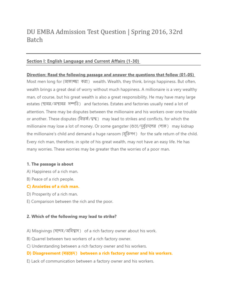 DU EMBA Admission Test Question 32 | PDF | Interest | Malaria