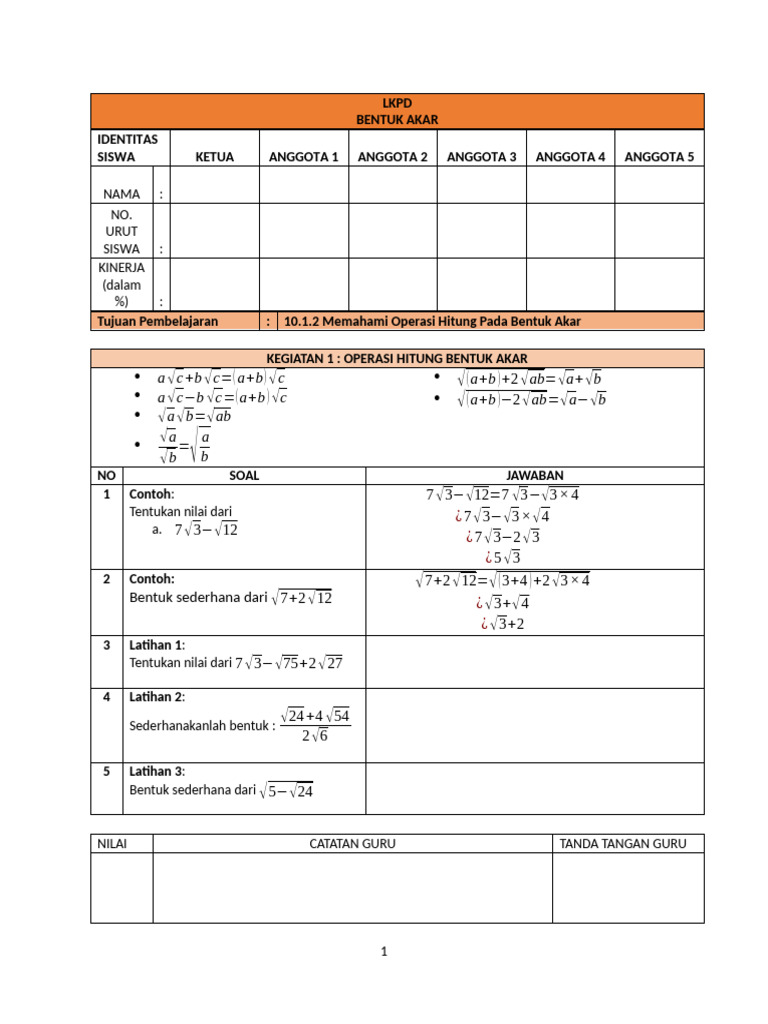 LKPD Bentuk Akar | PDF