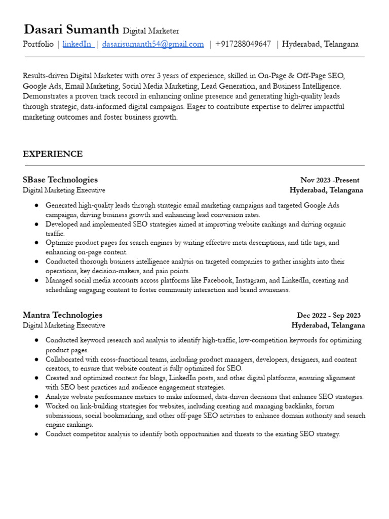 Dasari Sumanth Reddy Resume (1) | PDF | Search Engine Optimization | Digital Marketing
