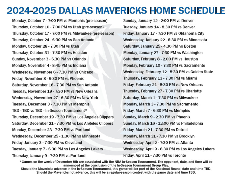 2024-25 Dallas Mavericks Home Schedule | PDF | Los Angeles Lakers | Sports