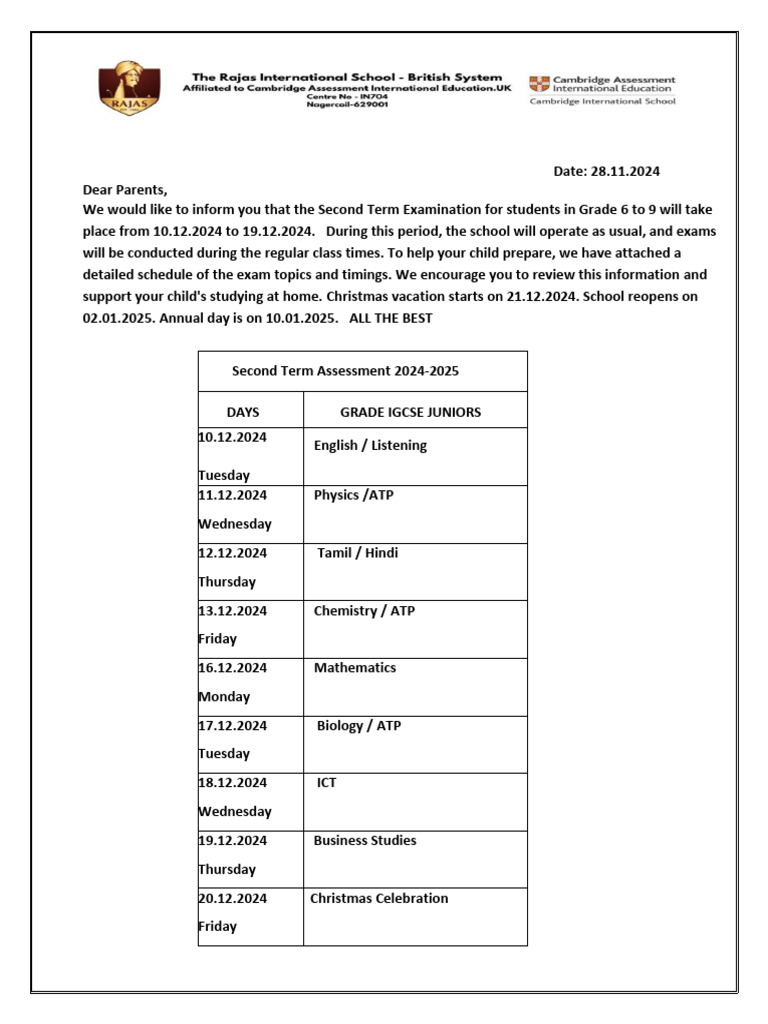 Grade 9, 2nd Term Portions and Time Table 2024 - 2025 | PDF