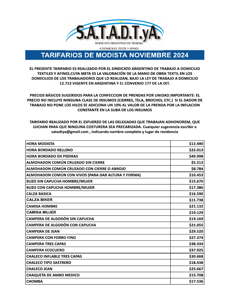 Tarifario Modista | PDF