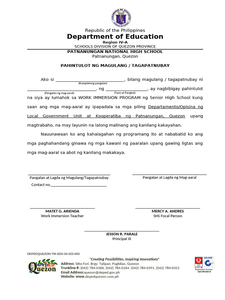 Work Immersion Parent Consent-1-2 | PDF