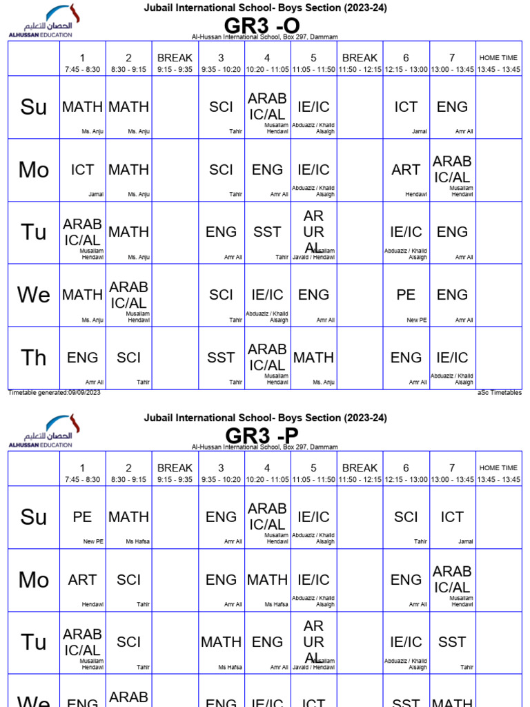 Al-Hussan School Timetable 2023-24 | PDF