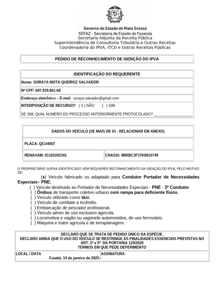 Formulario de Requerimento de Isencao de Ipva | PDF