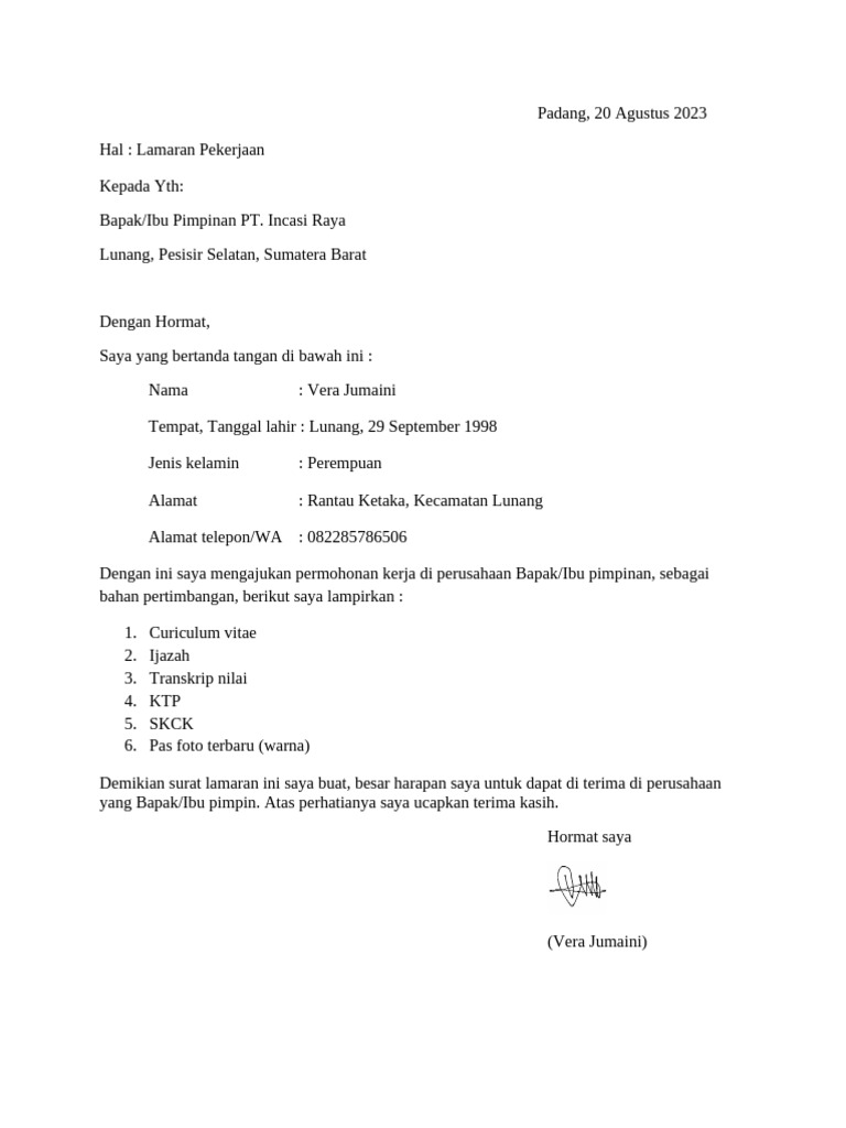 Lamaran Incasi Raya | PDF