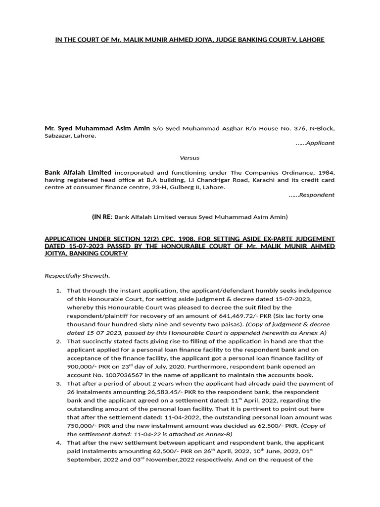 Application to Set Aside Ex-Parte Judgment | PDF | Affidavit | Judgment ...