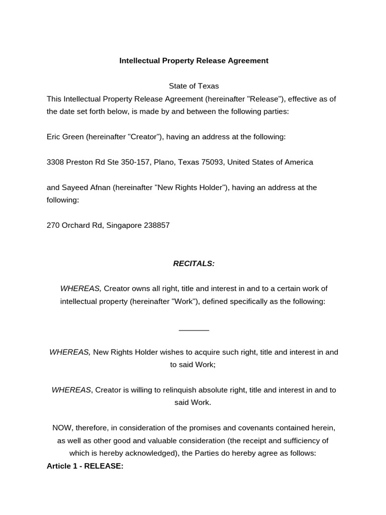Intellectual Property Release Agreement | PDF | Public Law | Civil Law ...