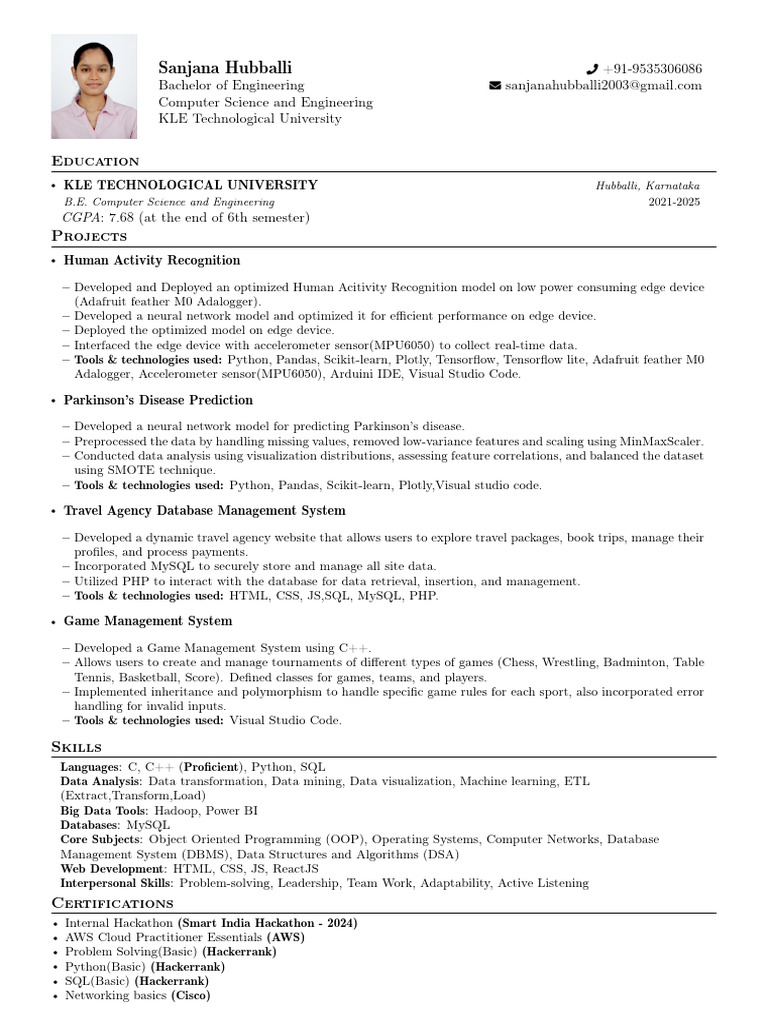 Sanjana Hubballi - Resume - KLE Technological University | PDF | Databases | Object Oriented ...