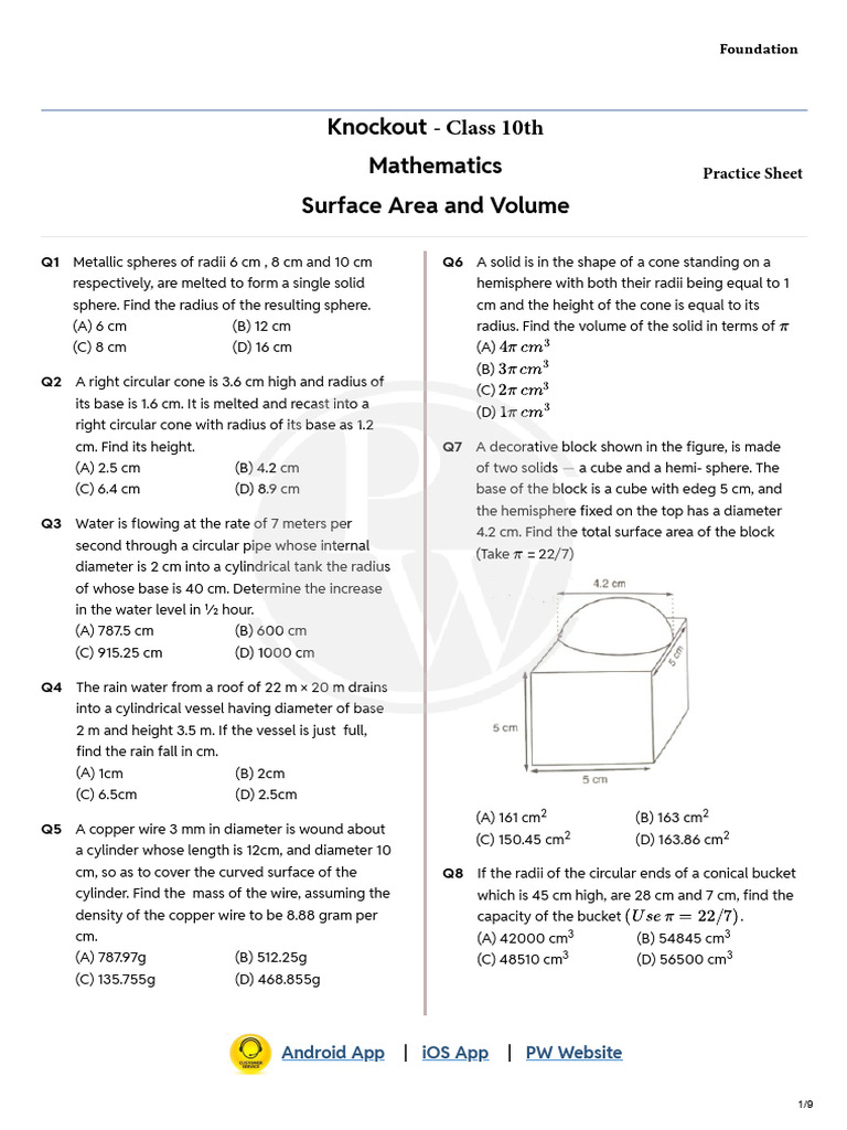 Class 10 Math: Surface Area & Volume | PDF | Sphere | Area