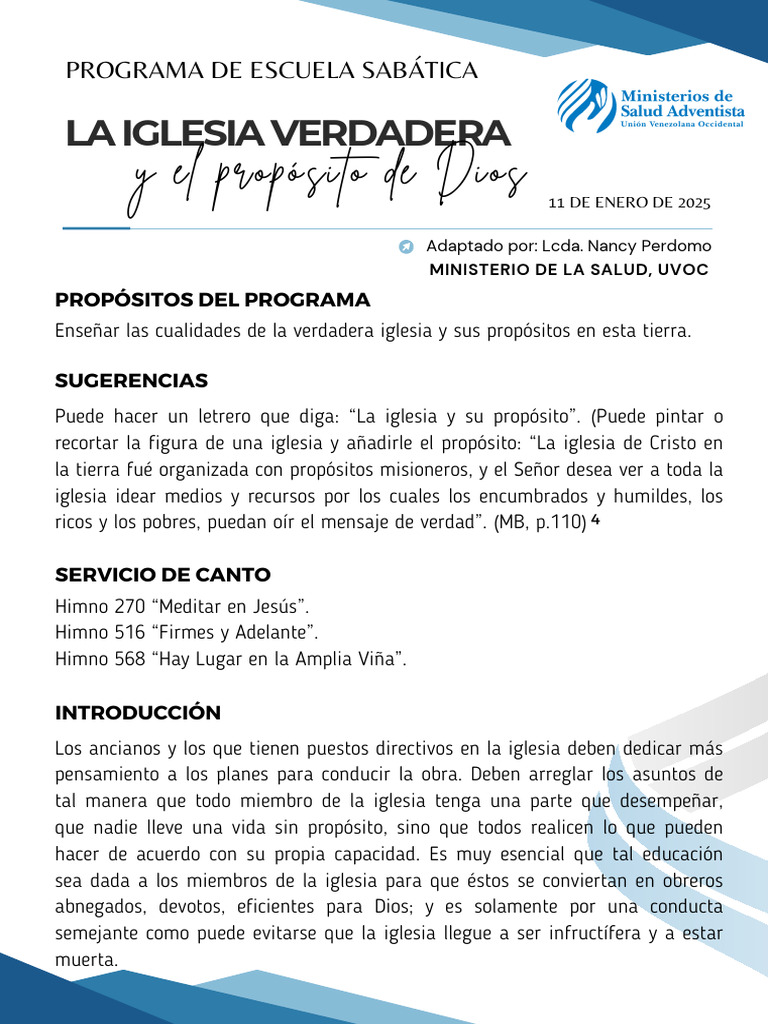 Programa - Escuela Sabática 11 Enero 2025 | PDF | Iglesia cristiana | Cristo (título)