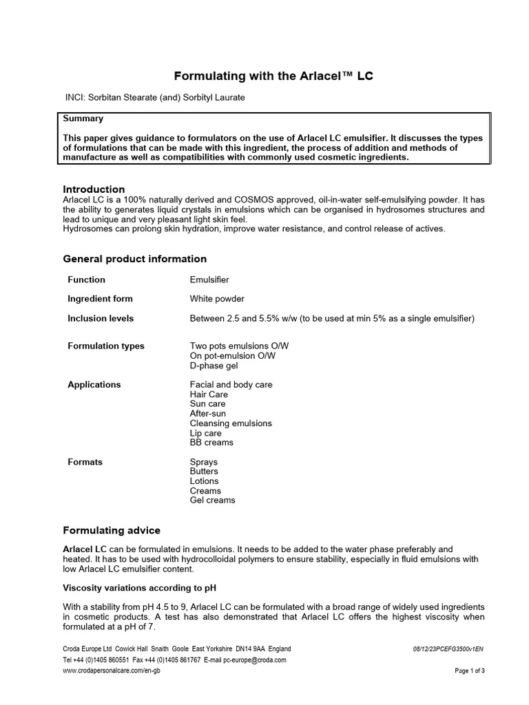 Arlacel LC Formulating Guidelines 081223PCEFG3500v1EN | PDF | Emulsion ...