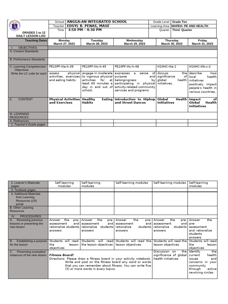 DLL MOD.1, 2 and 3 MAPEH G10 | PDF | Millennium Development Goals ...