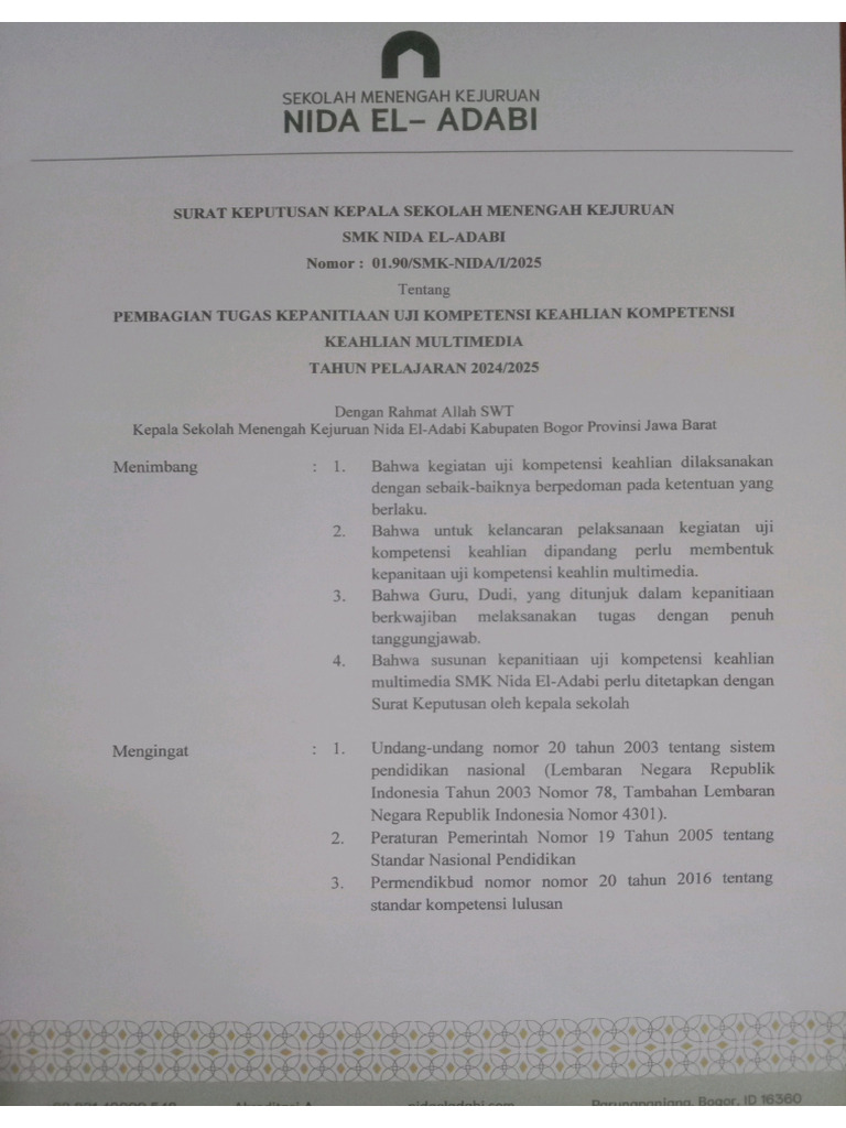 Pembagian Tugas Ujian SMK Nida El-Adabi | PDF