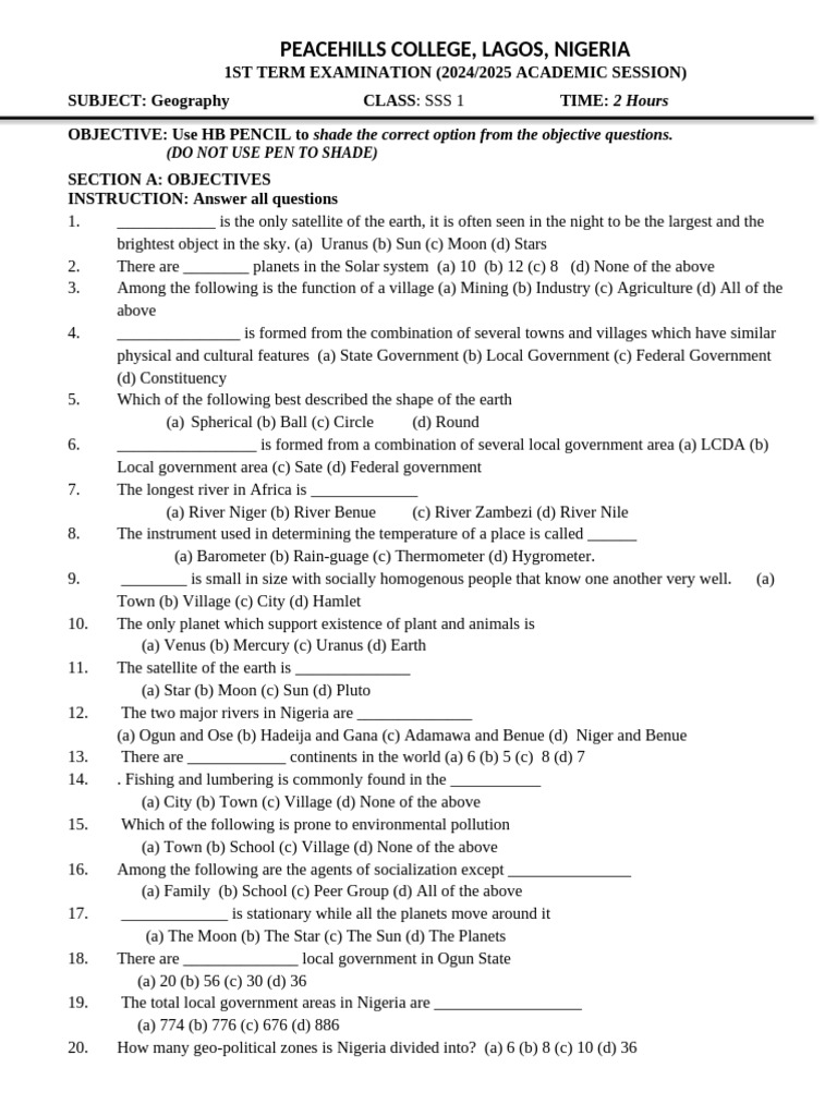SS1 Geography First Term Exam 2024/2025 | PDF | Planets | Earth