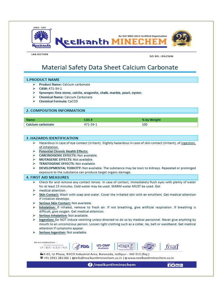 MSDS Calcium Carbonate-3 | PDF | Toxicity | Chemistry