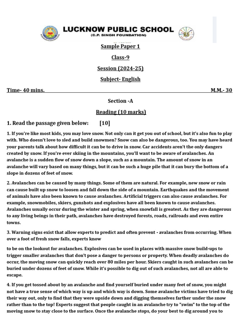 IX - English - Revision Paper - 1 | PDF | Snow