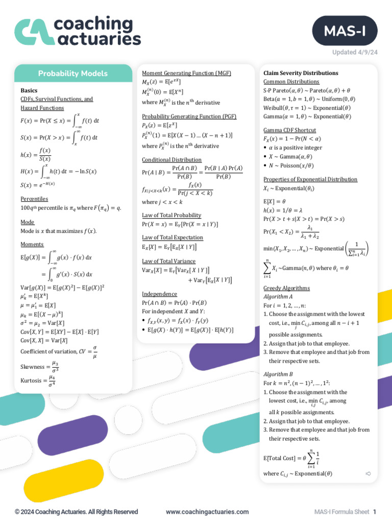 MAS-I Probability Models Formula Sheet | PDF | Poisson Distribution ...