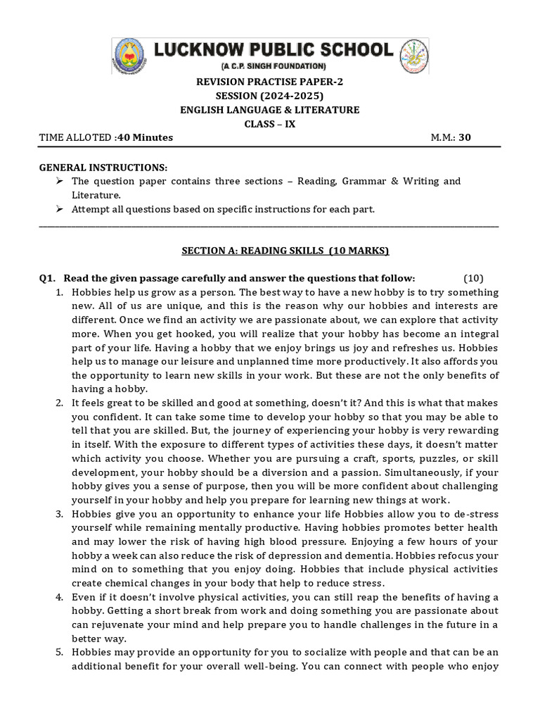 IX - English - Revision Paper - 2 | PDF | Hobbies | Creativity