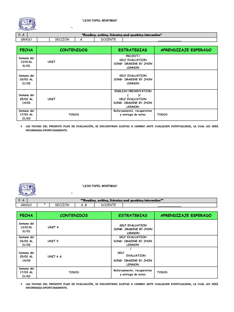 Plan de Evaluacion English Lapso II-2024 - 2025 1edo 2do 3ero Grado | PDF