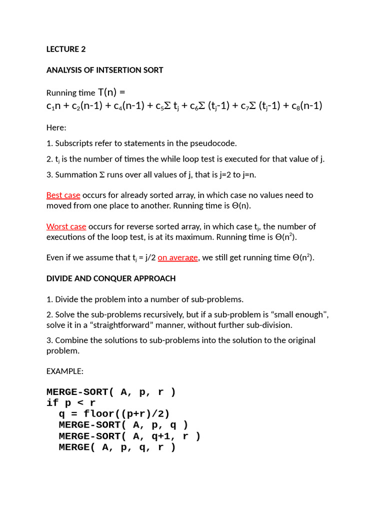 Insertion Sort and Merge Sort Analysis | PDF