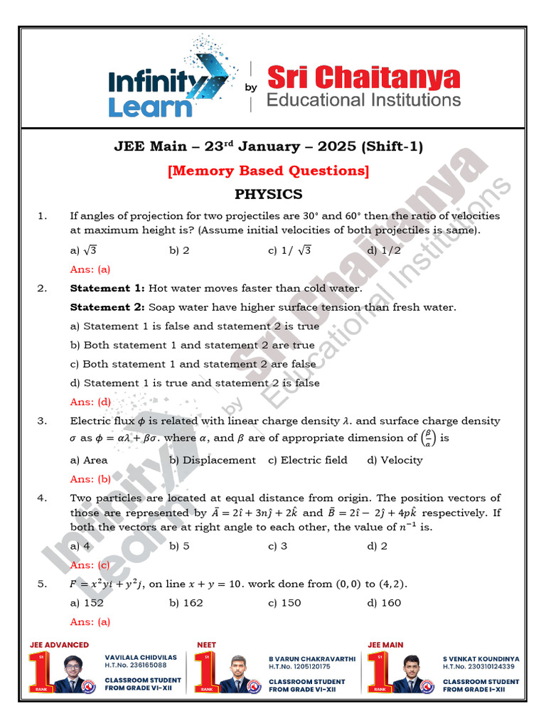 JEE Main 2025 Physics Chemistry Math Questions | PDF | Physical Phenomena | Physical Quantities