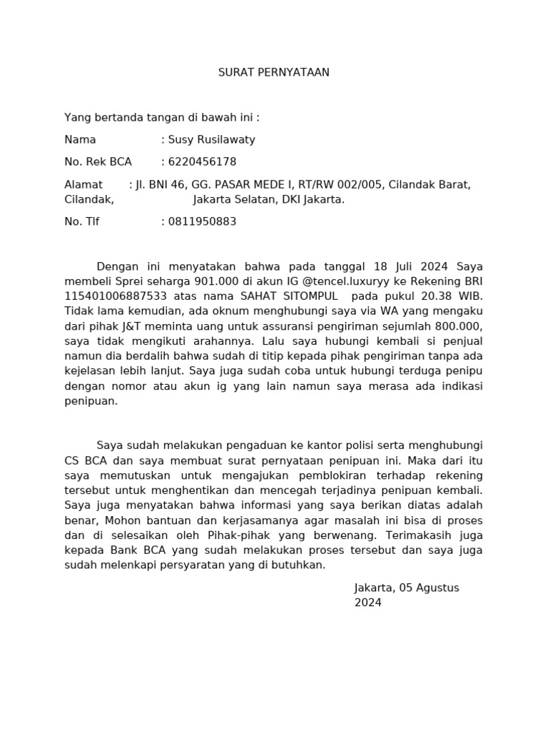 Surat Pernyataan Penipuan BCA | PDF