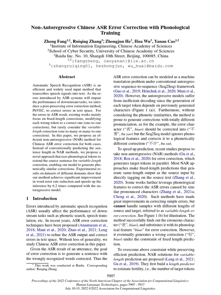 Non-Autoregressive Chinese ASR Error Correction With Phonological Training | PDF | Speech ...